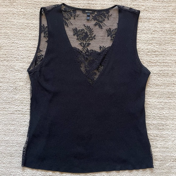 Escada | Tops | Escada Black Ribbed Tank Wlace Back M | Poshmark